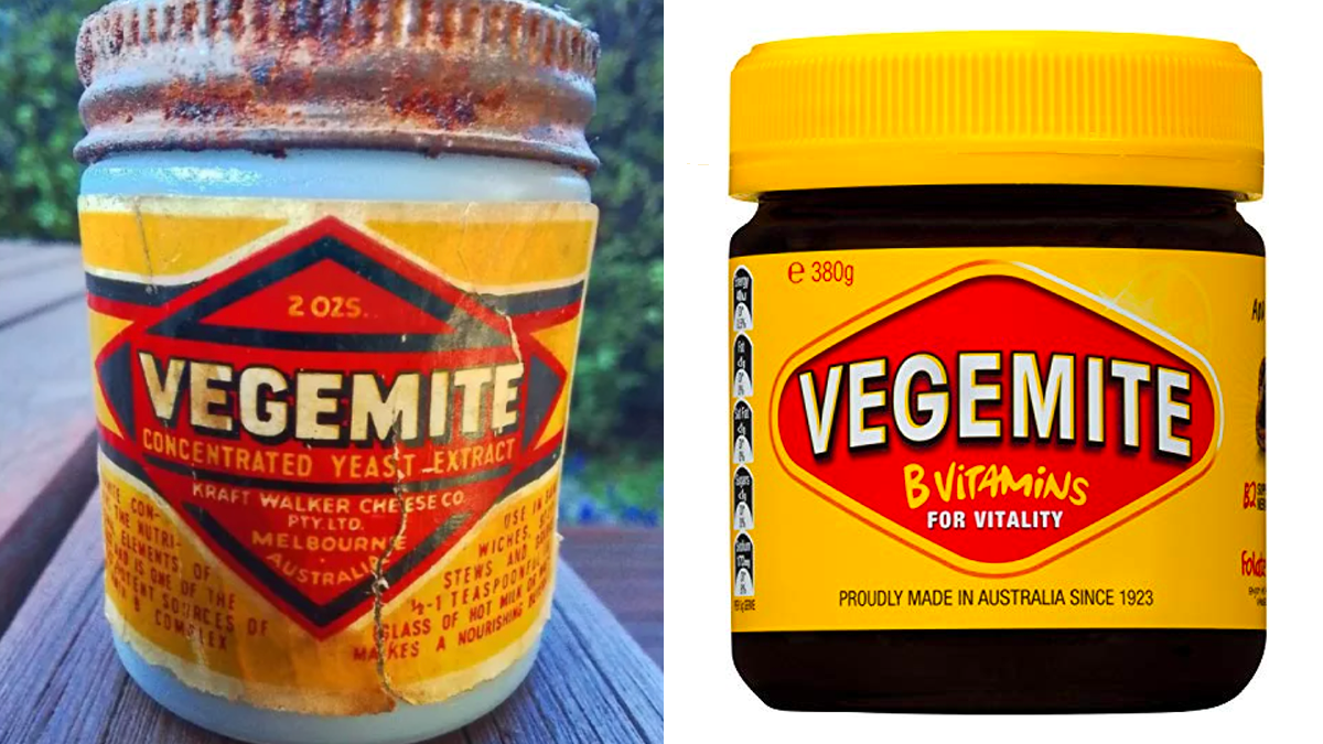 The vintage jar (left) versus modern. Image: Facebook / Vegemite